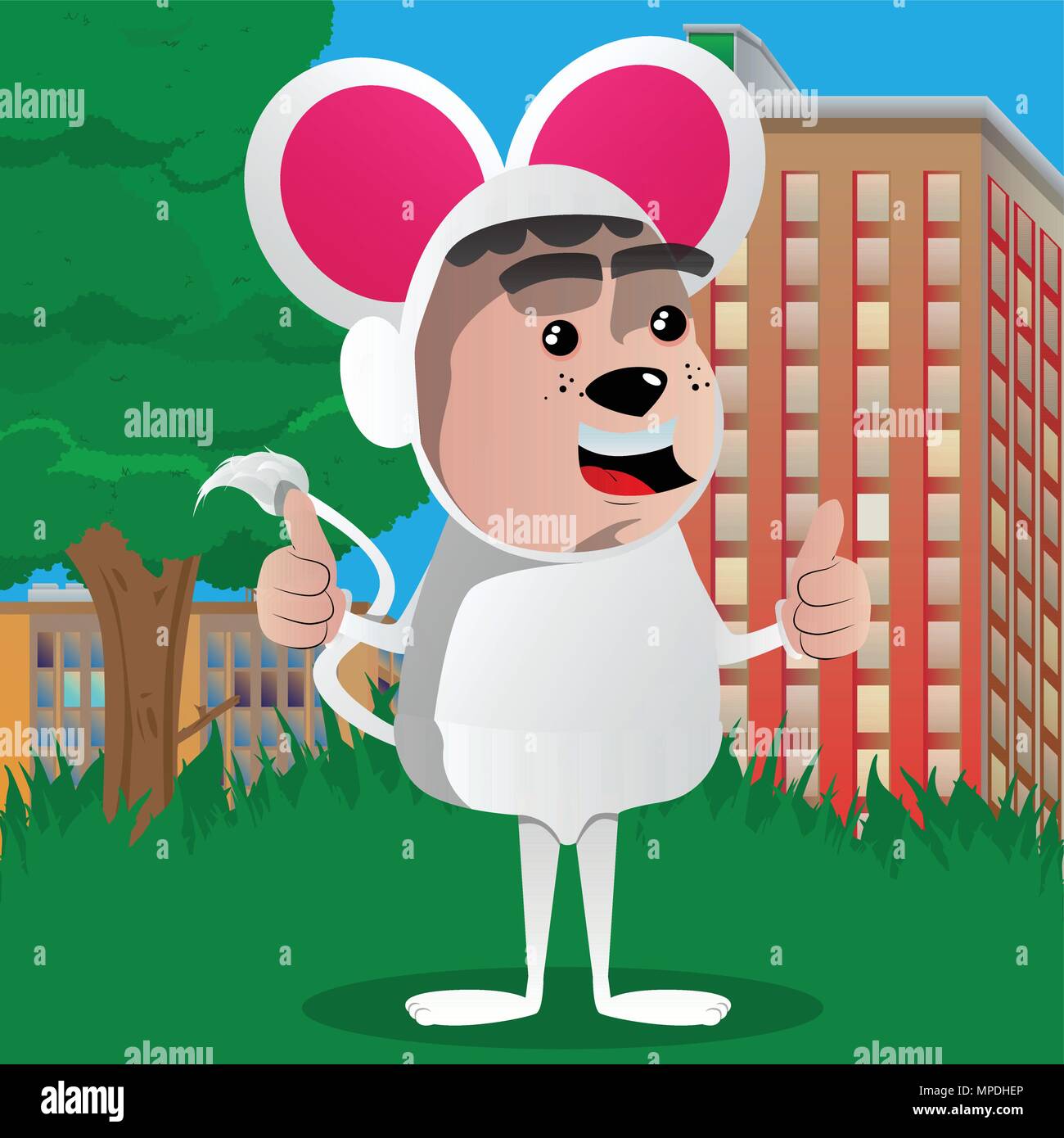 Boy dressed as mouse making thumbs up sign with two hands. Vector ...