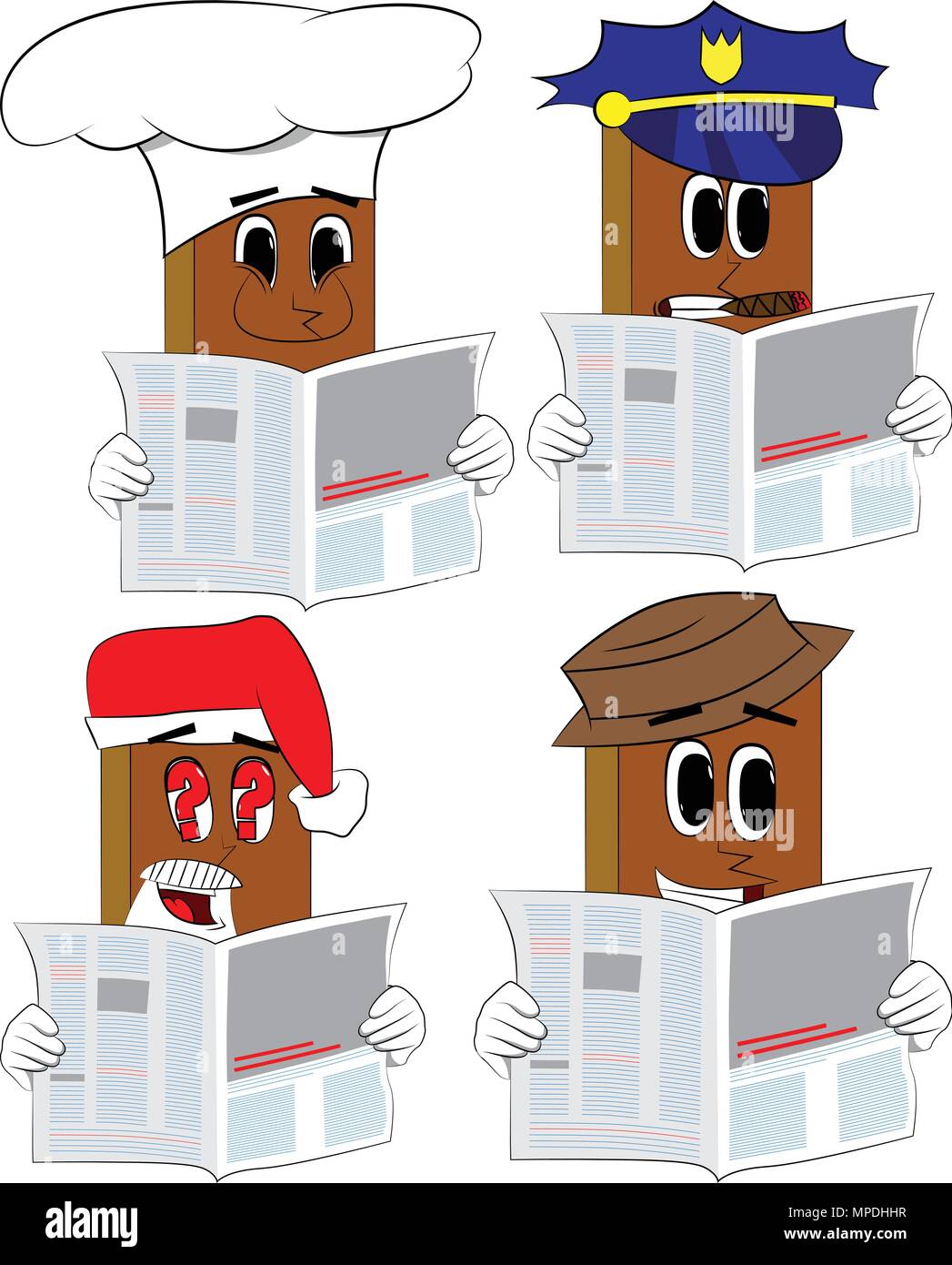 Books reading newspaper. Cartoon book collection with costume faces ...