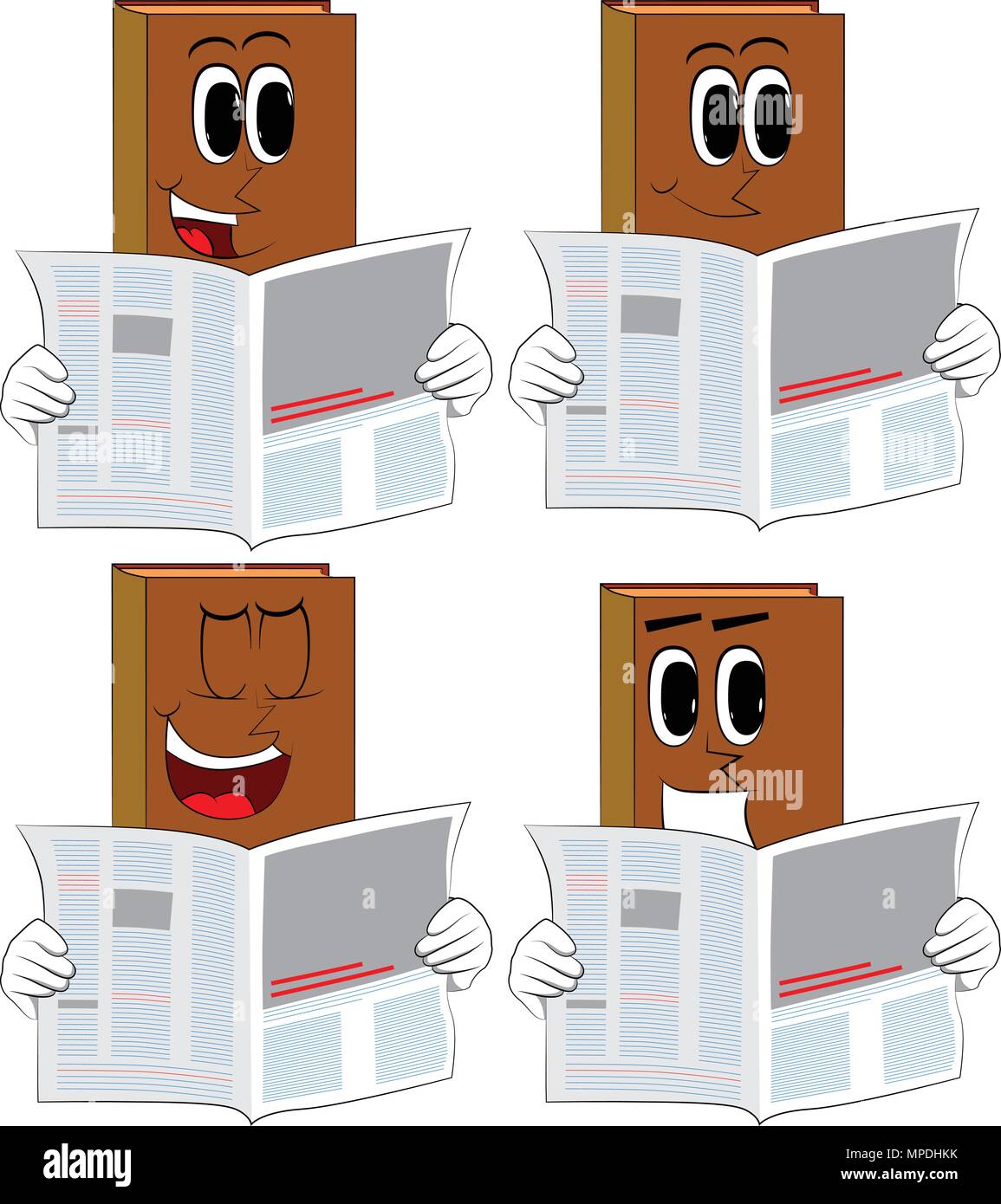 Books reading newspaper. Cartoon book collection with happy faces ...