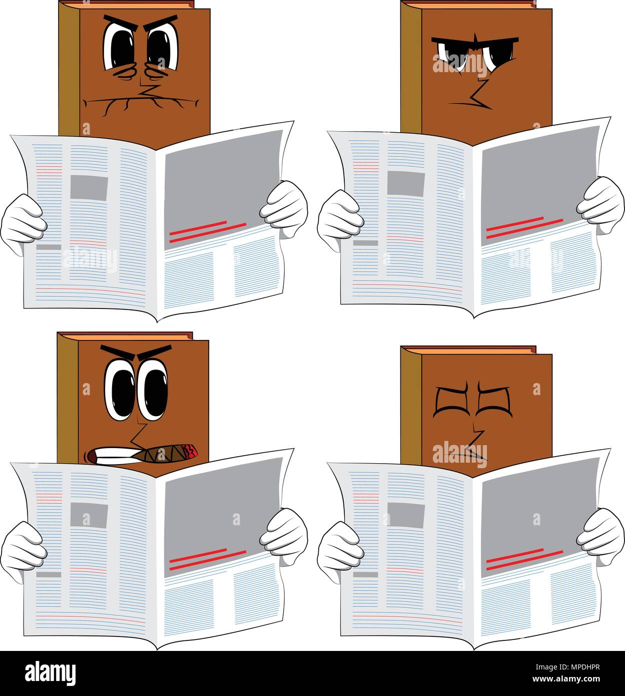 Books reading newspaper. Cartoon book collection with angry faces ...