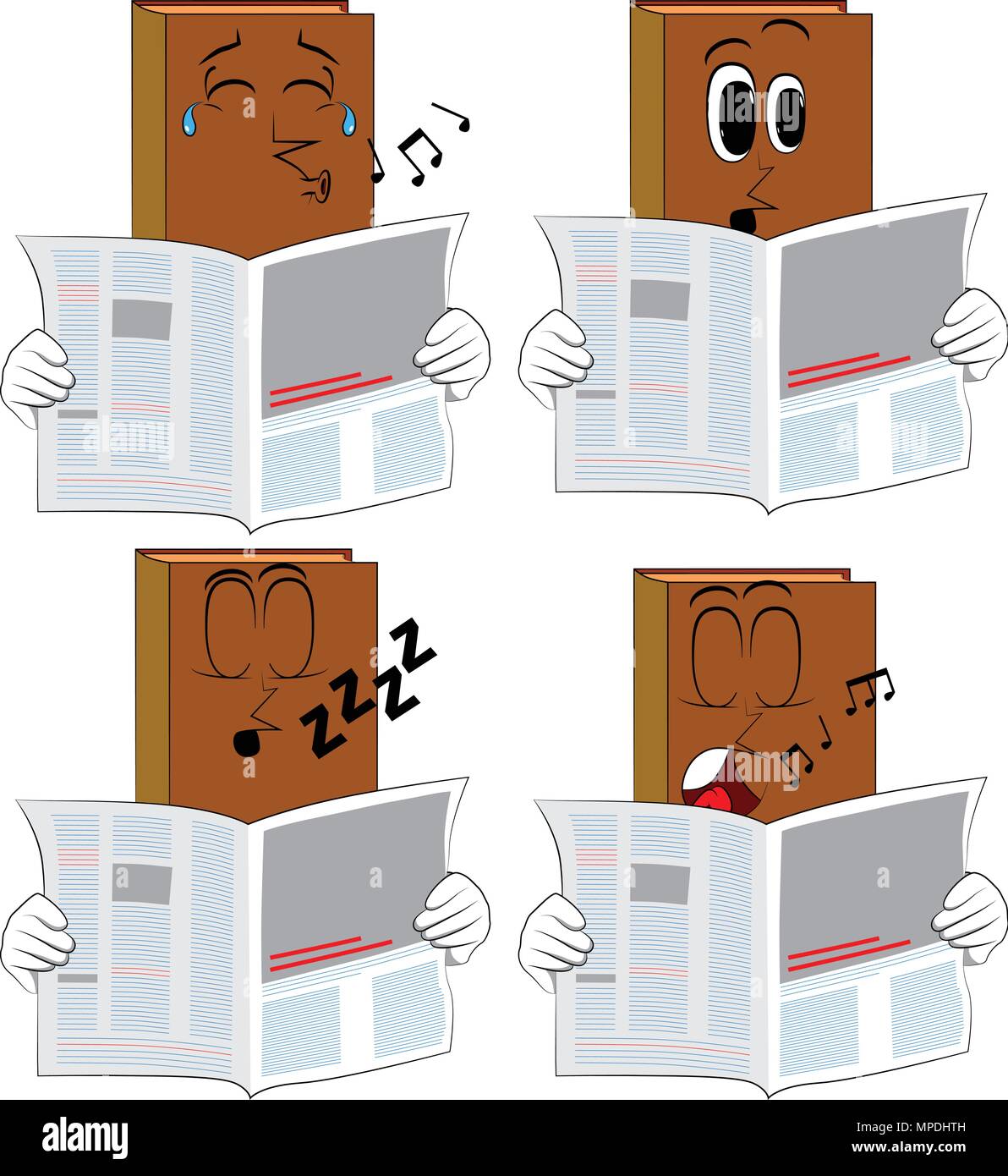 Books reading newspaper. Cartoon book collection with various faces ...
