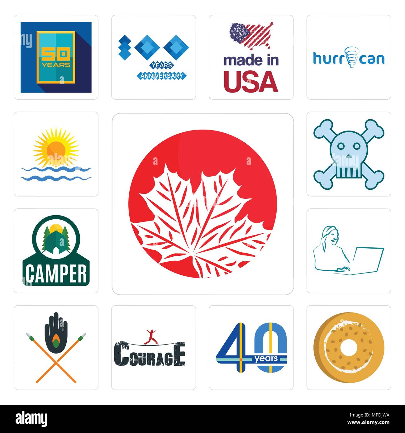 Set Of 13 simple editable icons such as canadian leaf, bagel, 40 years ...