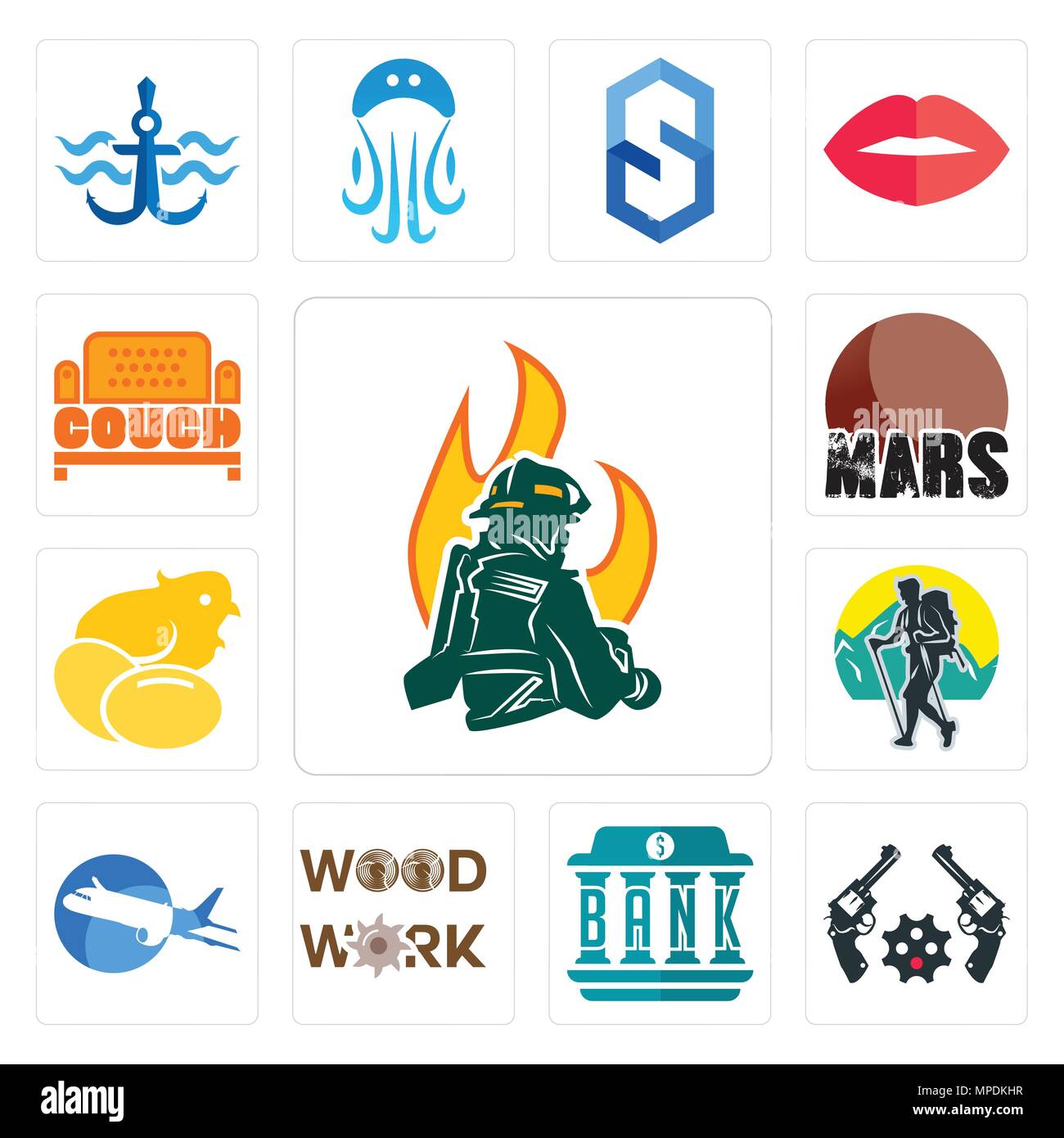 Set Of 13 simple editable icons such as firemen, revolver, bank ...