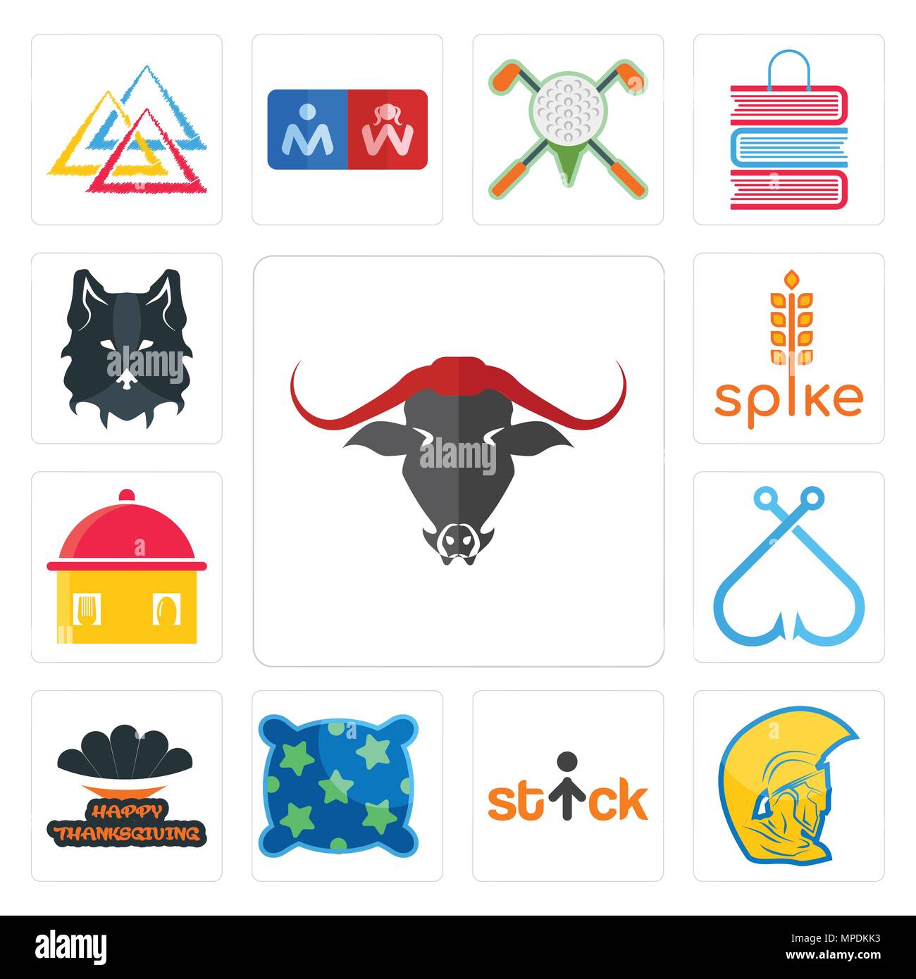 Set Of 13 simple editable icons such as, warrior head, stick figure ...