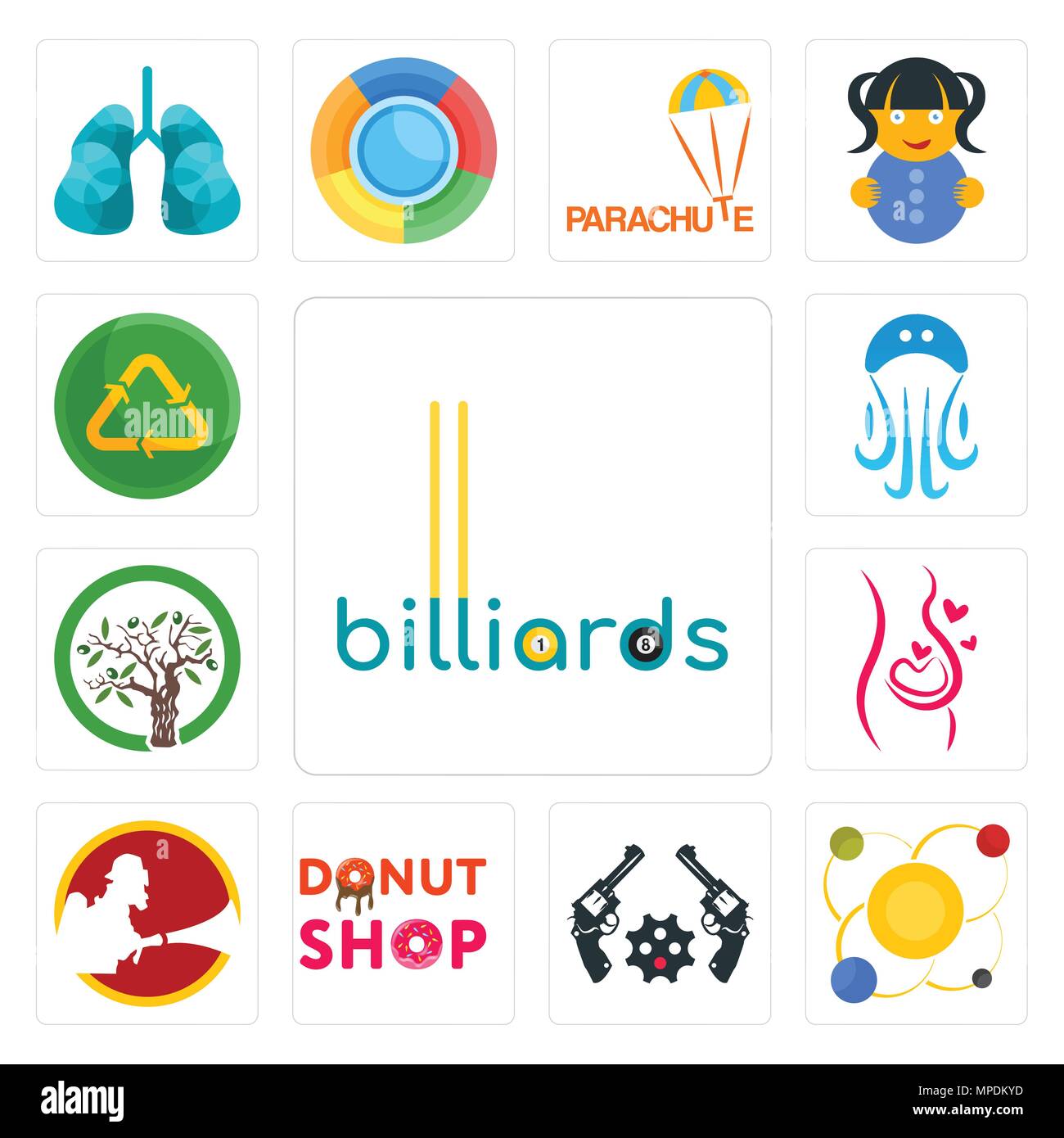 Set Of 13 simple editable icons such as billiards, solar system ...
