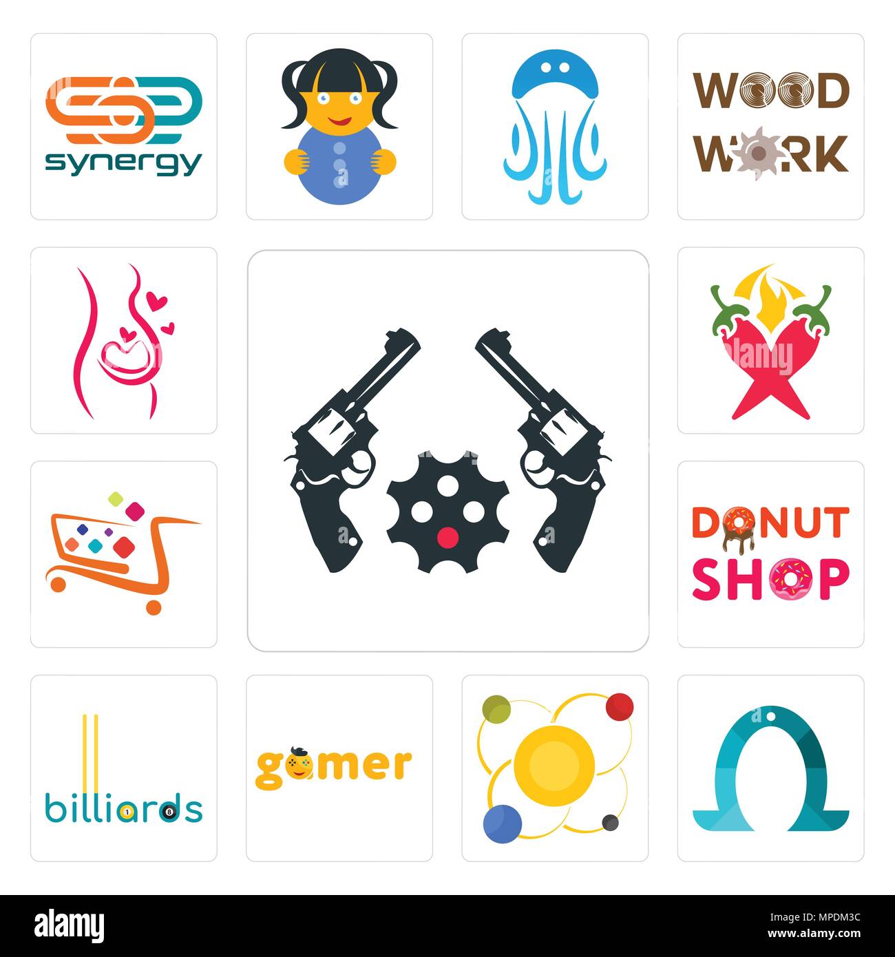 Set Of 13 simple editable icons such as revolver, horseshoe, solar ...