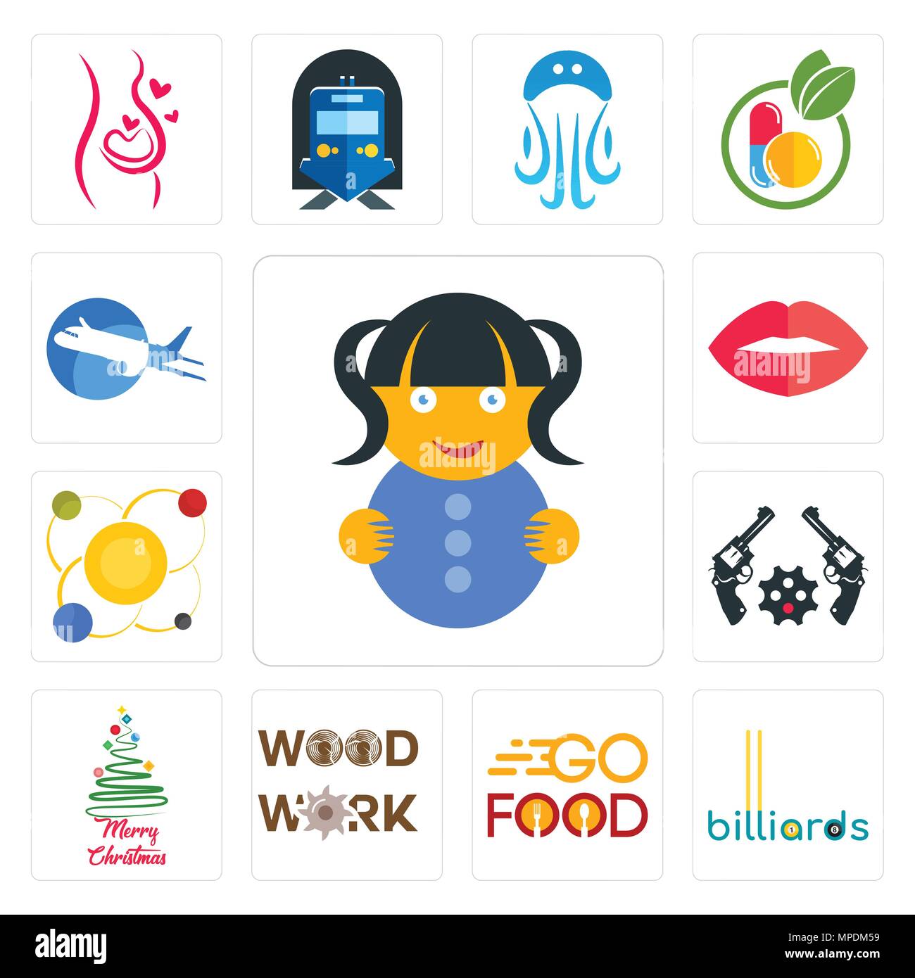 Set Of 13 simple editable icons such as doll, billiards, go food ...