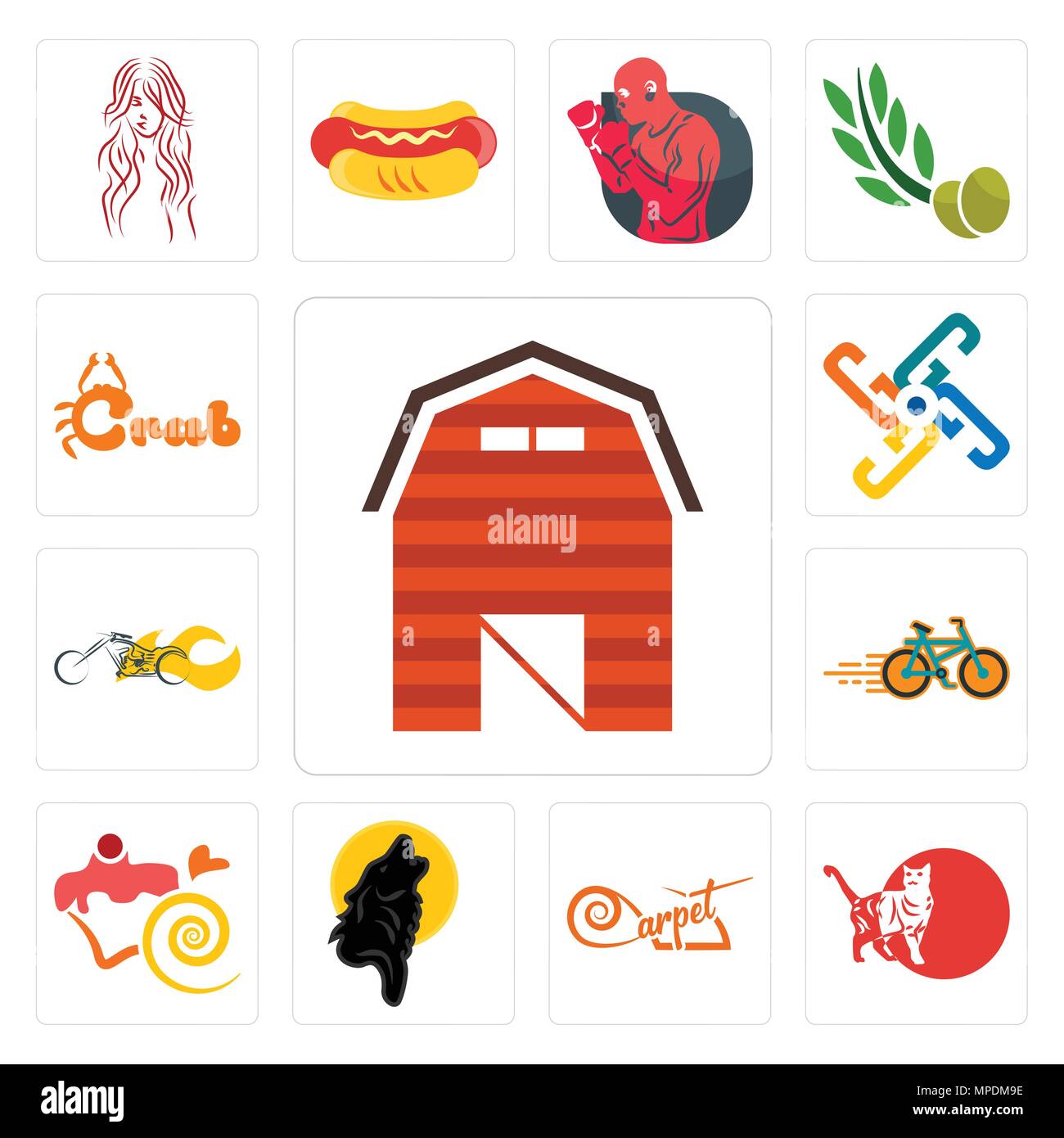 Set Of 13 simple editable icons such as barn, cat, carpet, black wolf ...