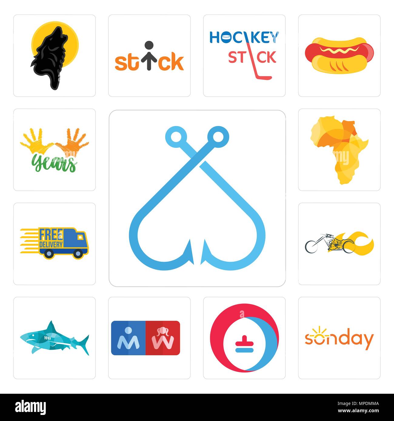Set Of 13 simple editable icons such as fishing hook, sunday, heating ...