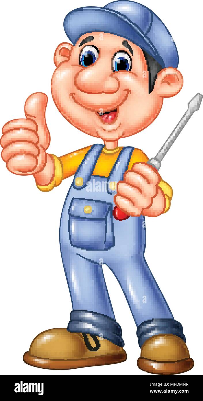 Cute mechanic cartoon holding a screwdriver and giving thumbs up Stock ...