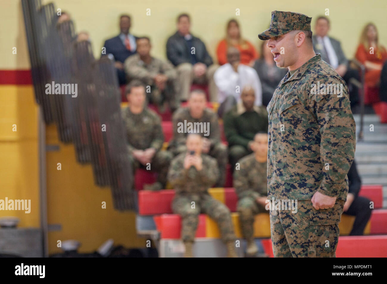 U.S. Marine Corps Gunnery Sgt. Esteban D. Arroyo, adjutant, calls the ...