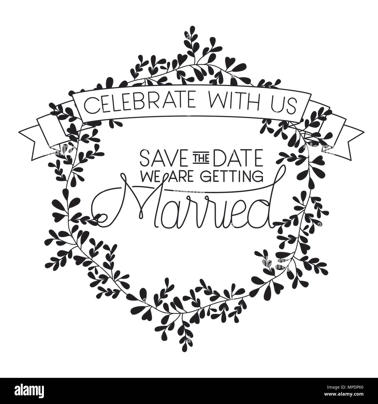 wedding and married invitation with wreath and ribbon vector ...