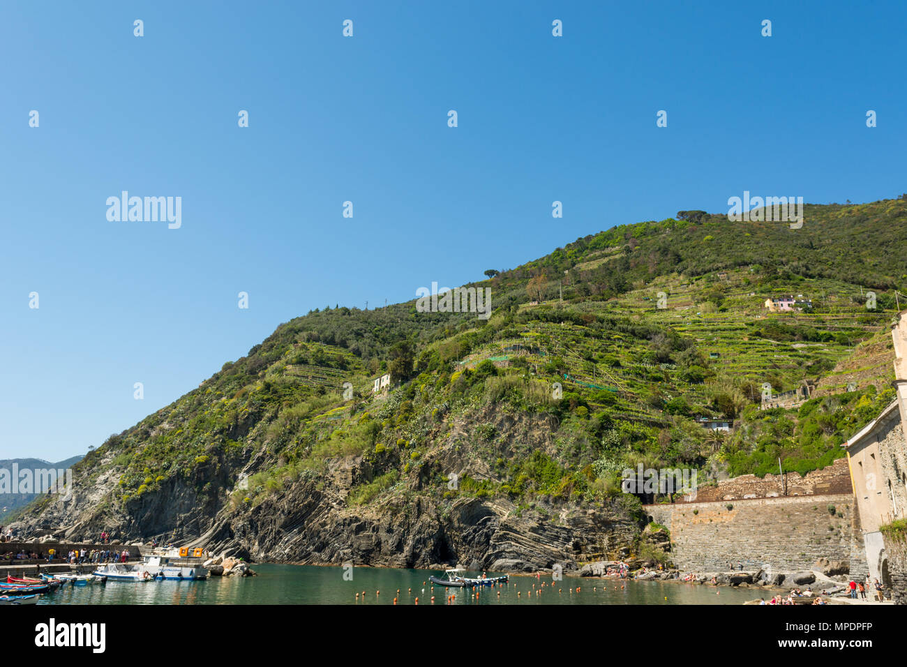 Corniglia, Italy - April 27: Beach view of Corniglia village, on April ...
