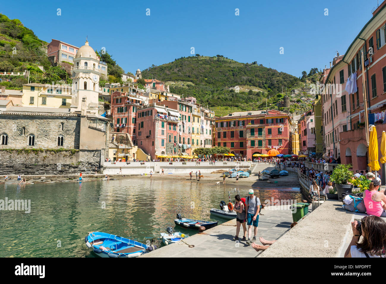 Corniglia, Italy - April 27: Beach view of Corniglia village, on April ...
