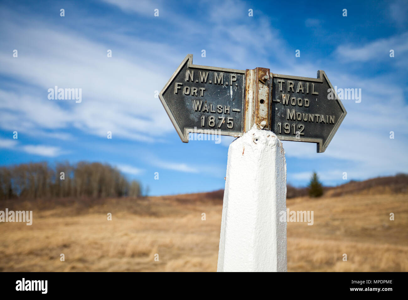 Historic trail marker at the Fort Walsh National Historic Site ...