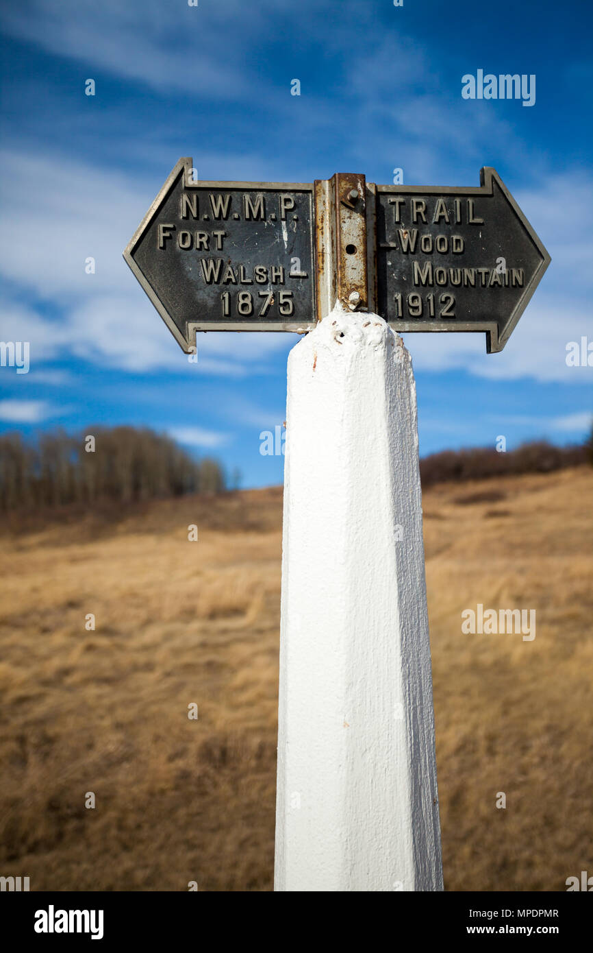 Historic trail marker at the Fort Walsh National Historic Site ...