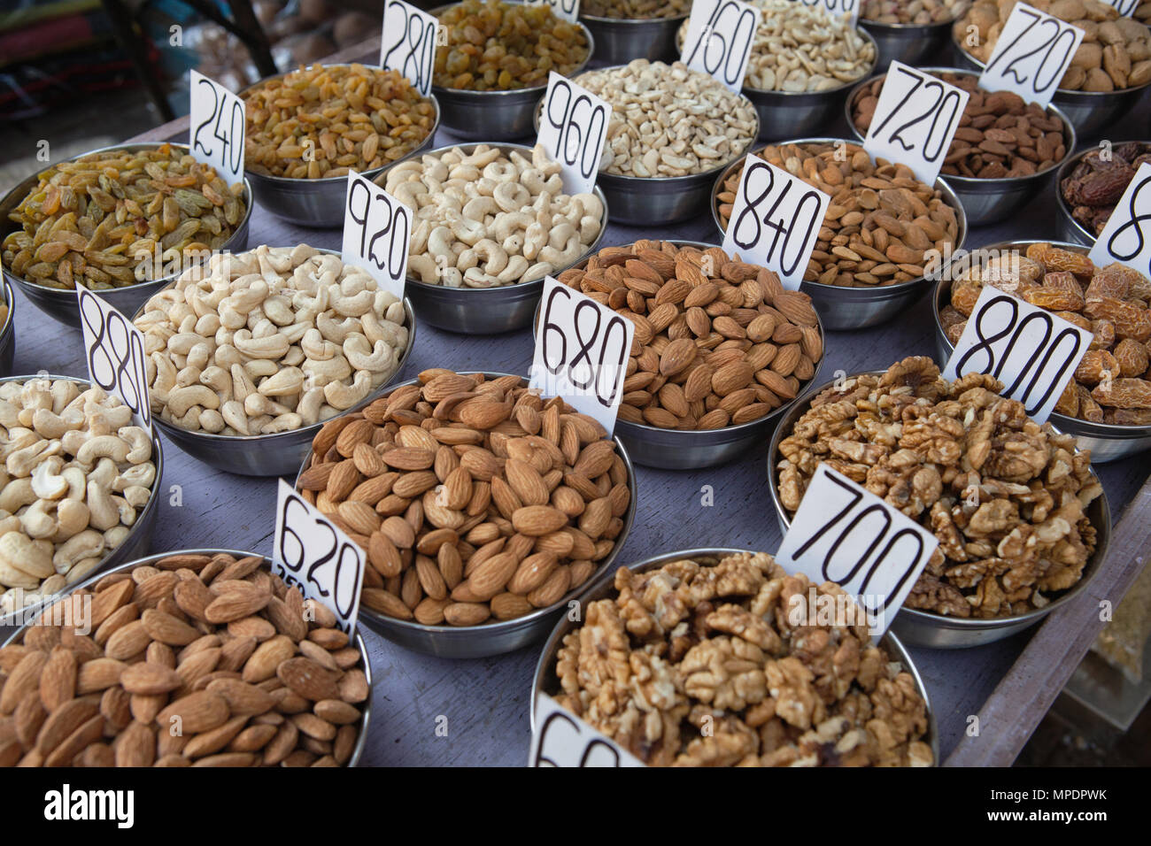 India, New Delhi, Display of nuts & dried fruit in the spice market in ...