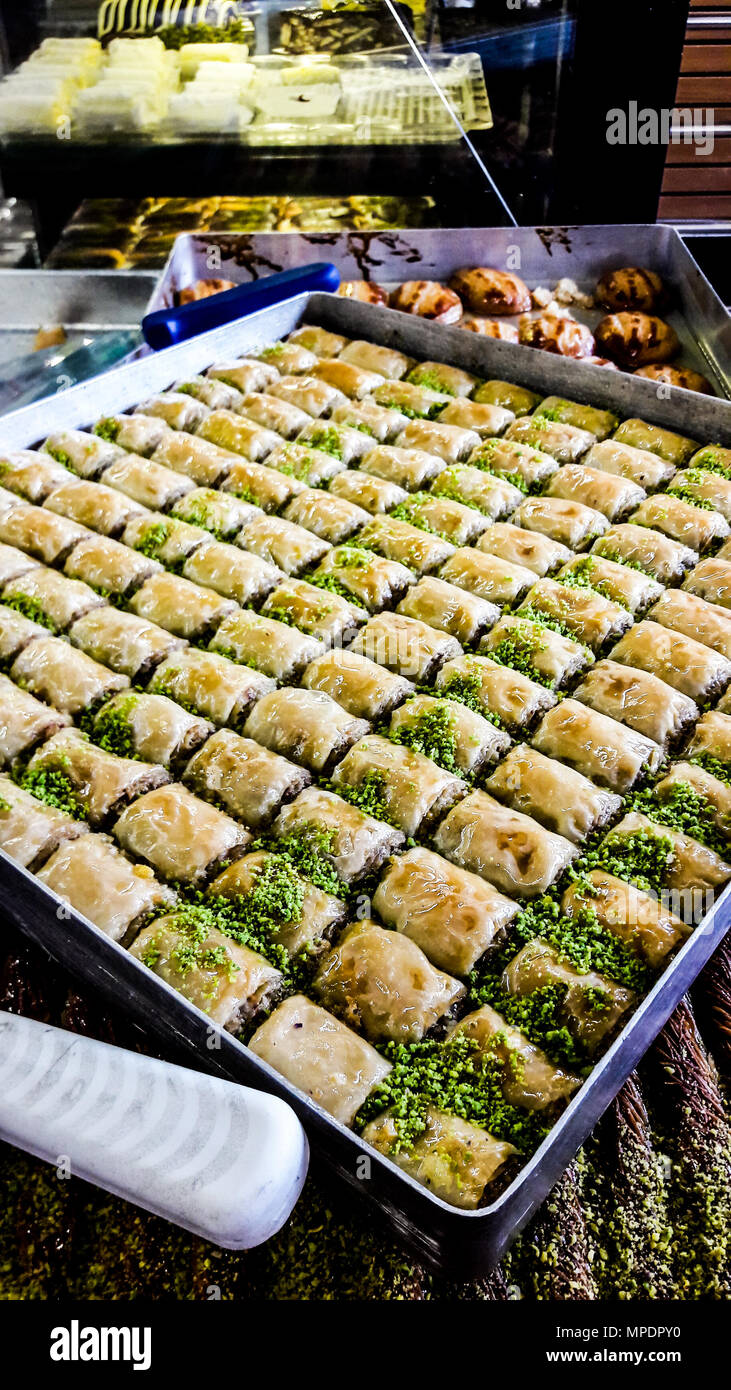 Turkish dessert baklava with pistachio powder. turkish dessert Stock ...