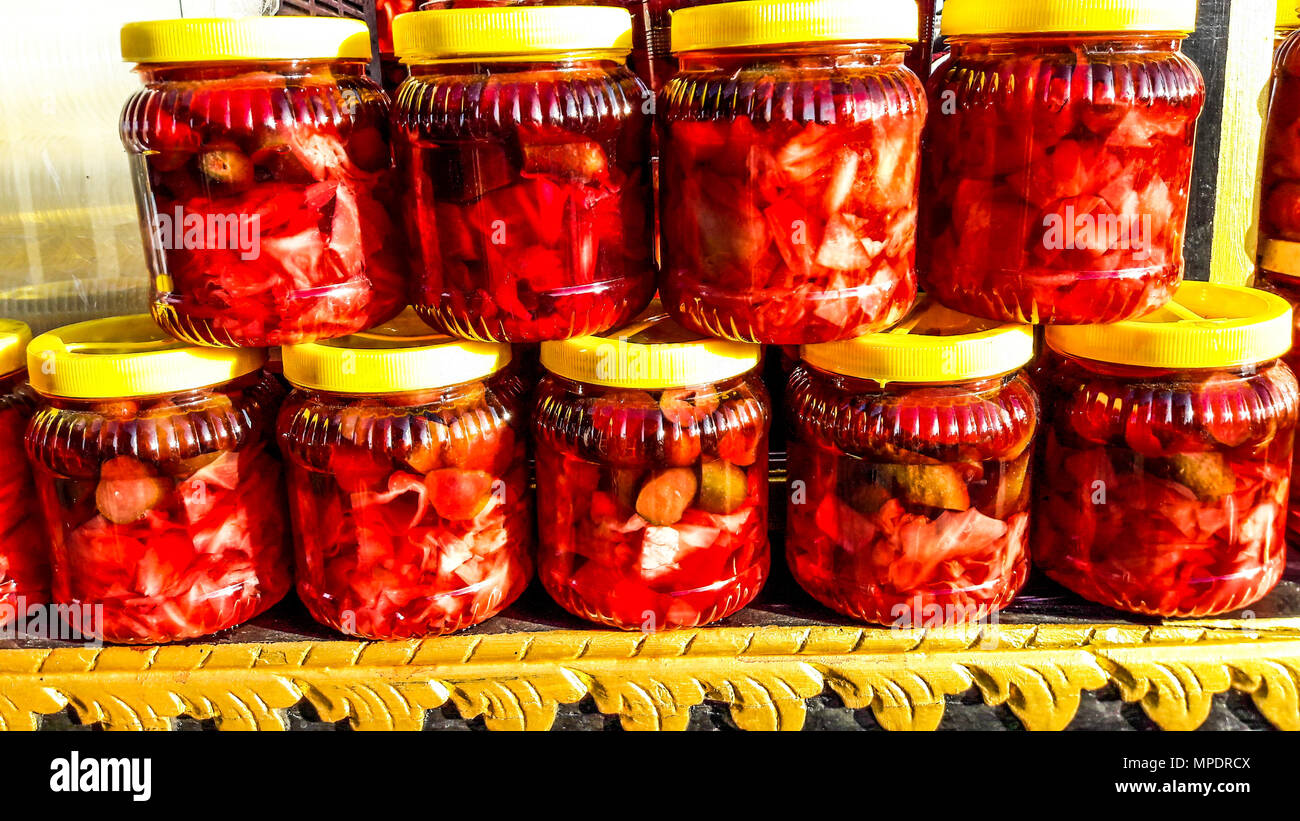 Turkish Pickles in bottle at market. street food concept Stock Photo ...