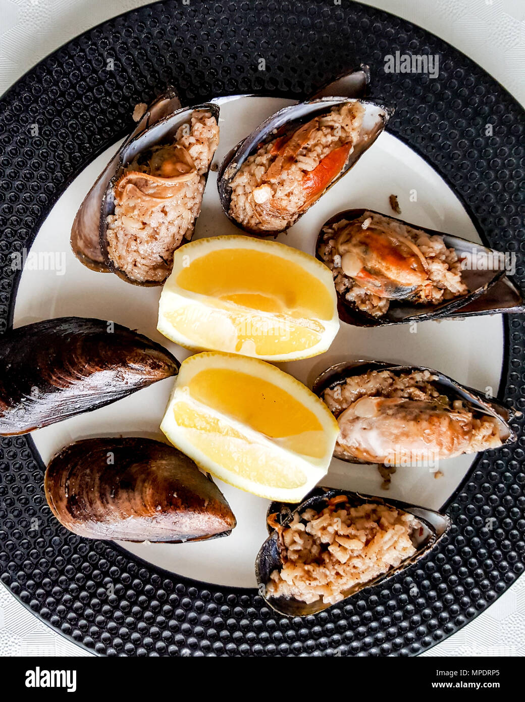 Turkish Stuffed Mussels with lemon / Midye Dolma. street food Stock ...