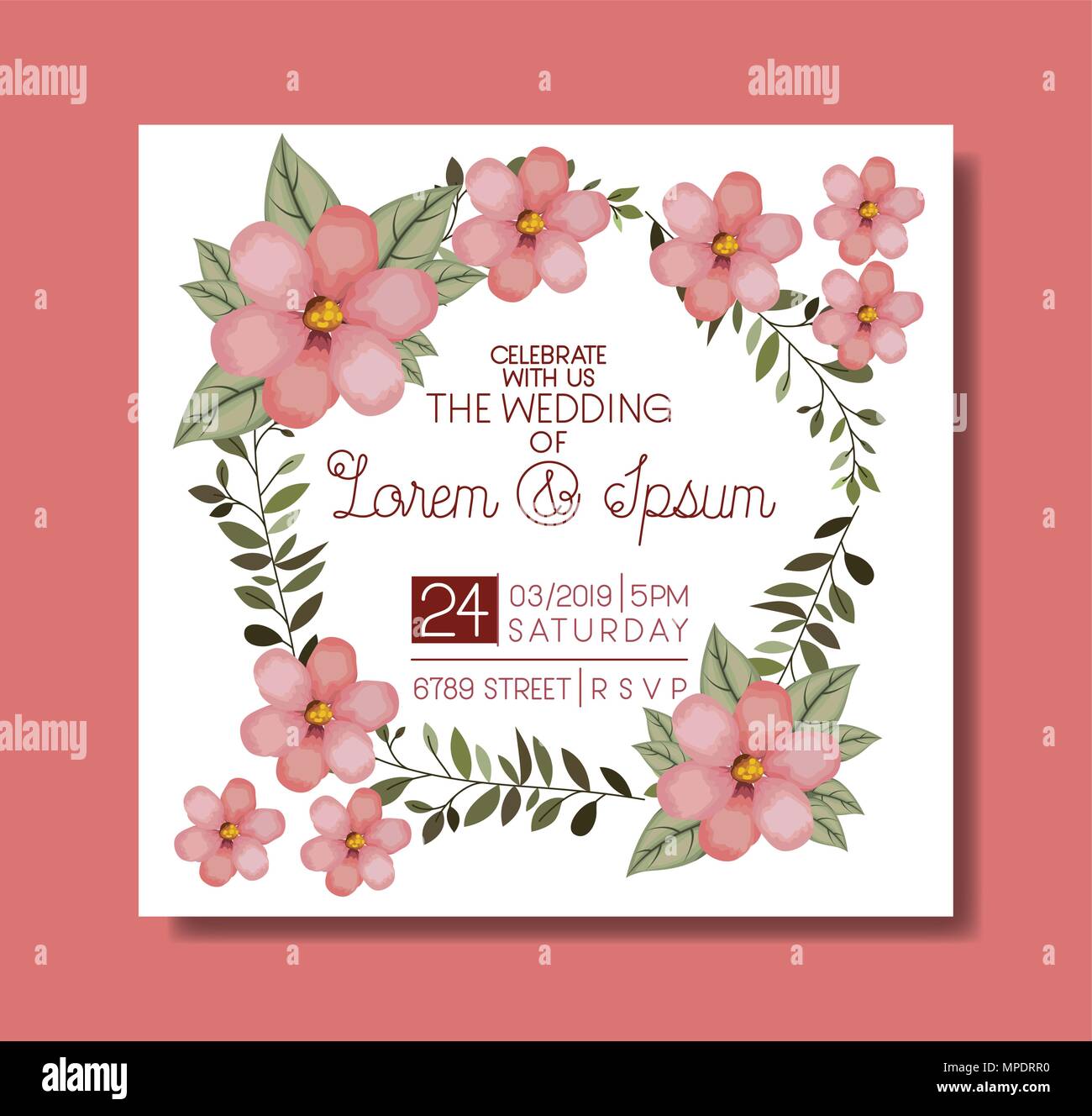 wedding and married invitation with wreath and ribbon vector ...