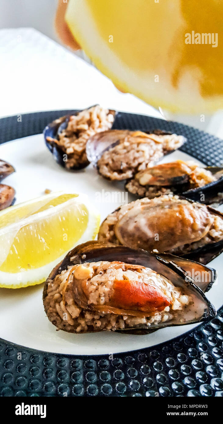 Turkish Stuffed Mussels with lemon / Midye Dolma. street food Stock ...