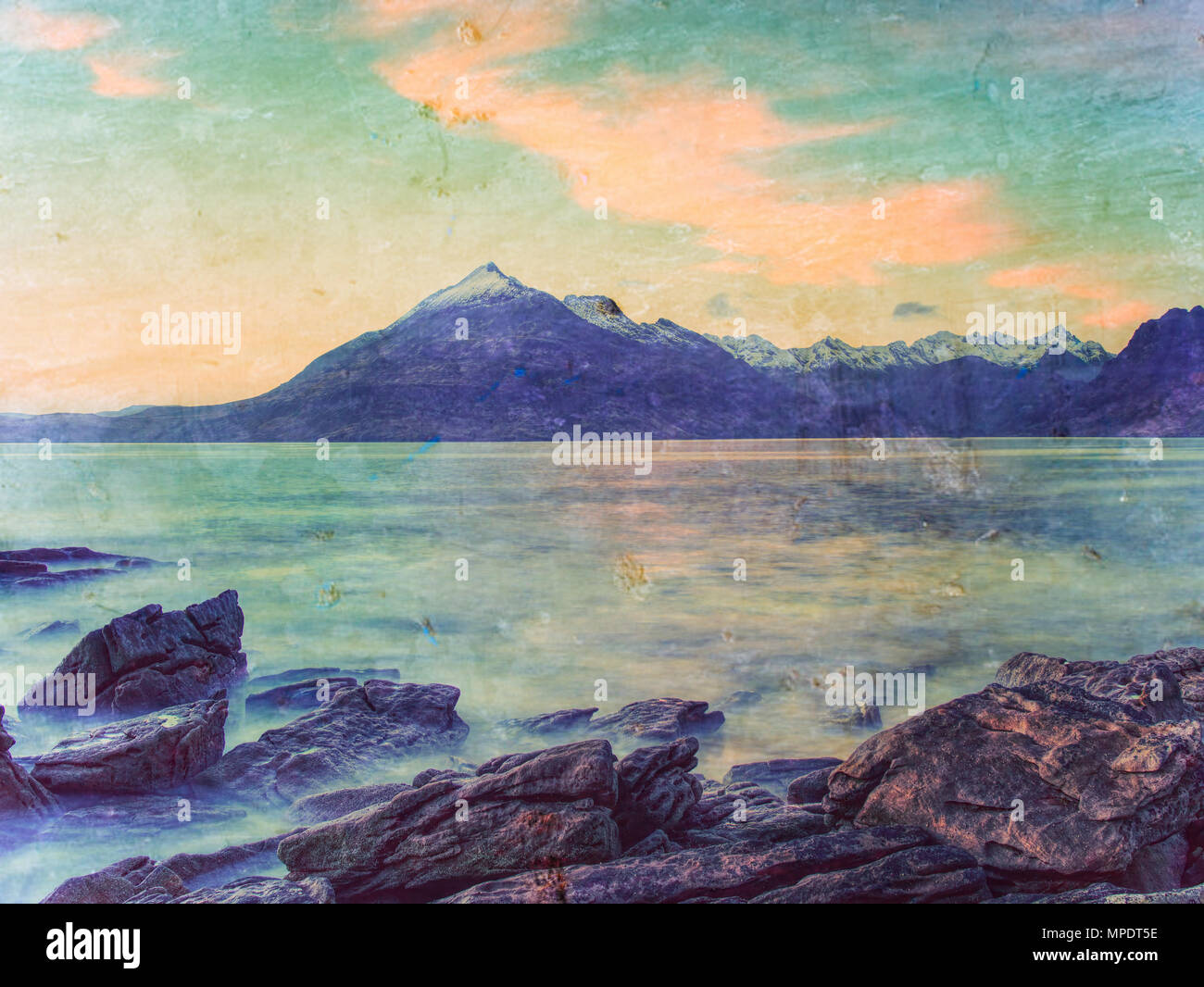 Abstract effect. Rocks and boulders on shore. Poor warm sunset light ...