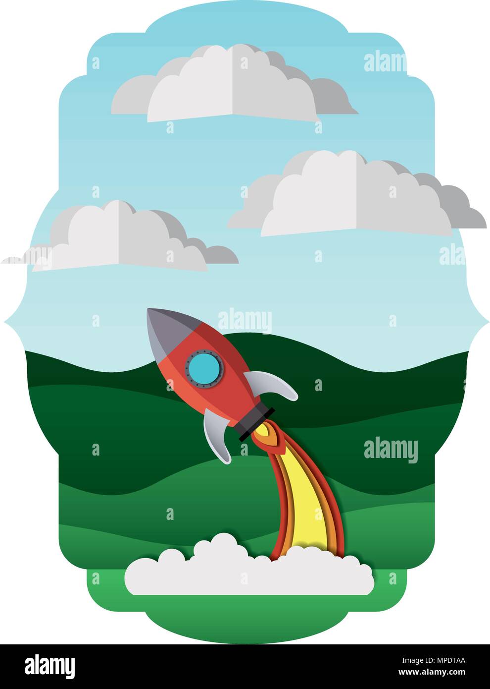 frame with landscape scene and rocket flying vector illustration design ...
