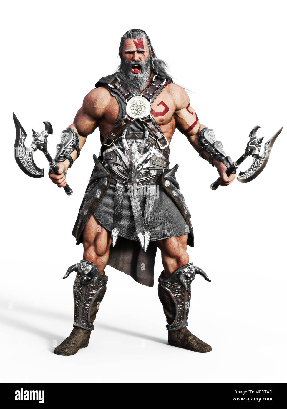 Fierce armored barbarian warrior ready for battle on an isolated white ...