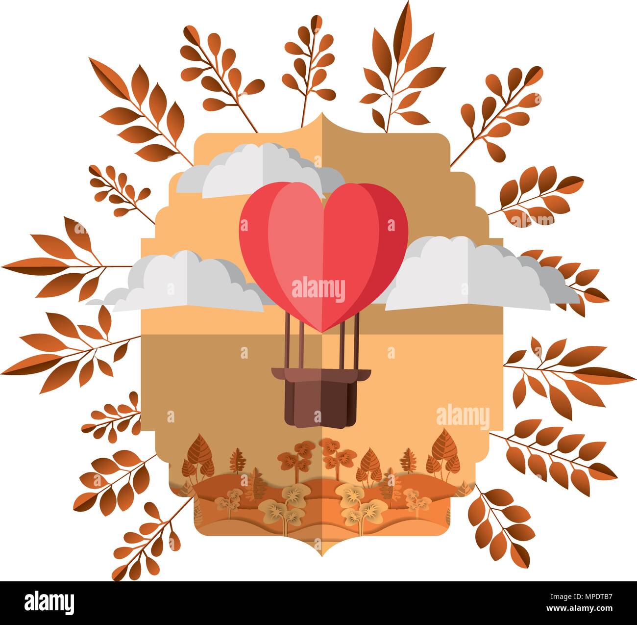 frame with landscape scene and balloons air flying vector illustration ...