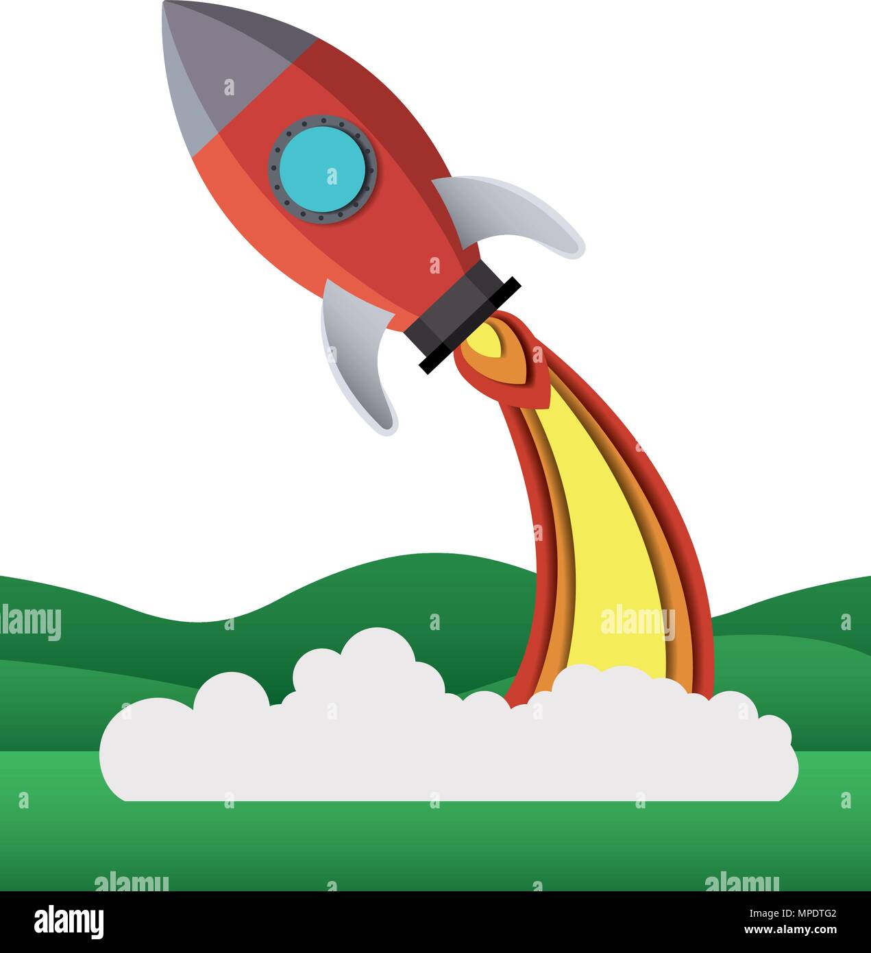 landscape scene with rocket flying vector illustration design Stock ...