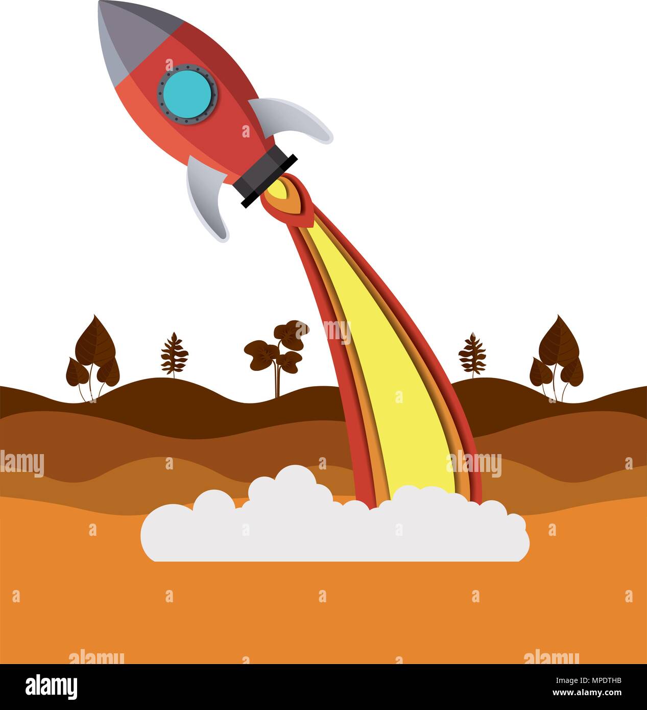 landscape scene with rocket flying vector illustration design Stock ...