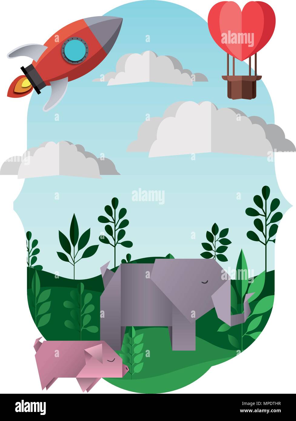 frame with landscape scene and animals vector illustration design Stock ...