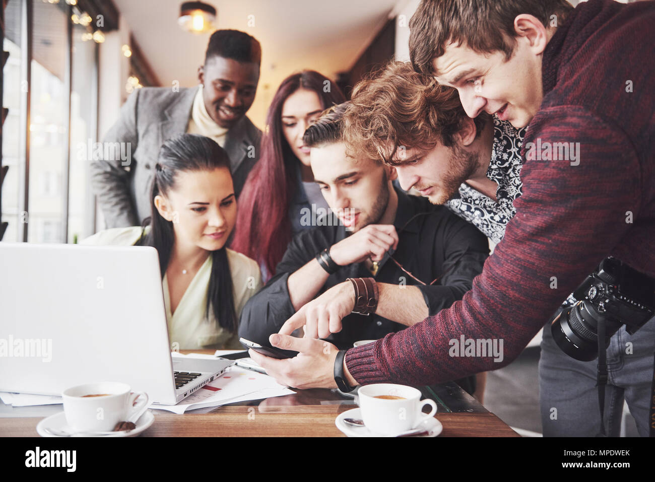 Group portrait of Cheerful old friends communicate with each other ...