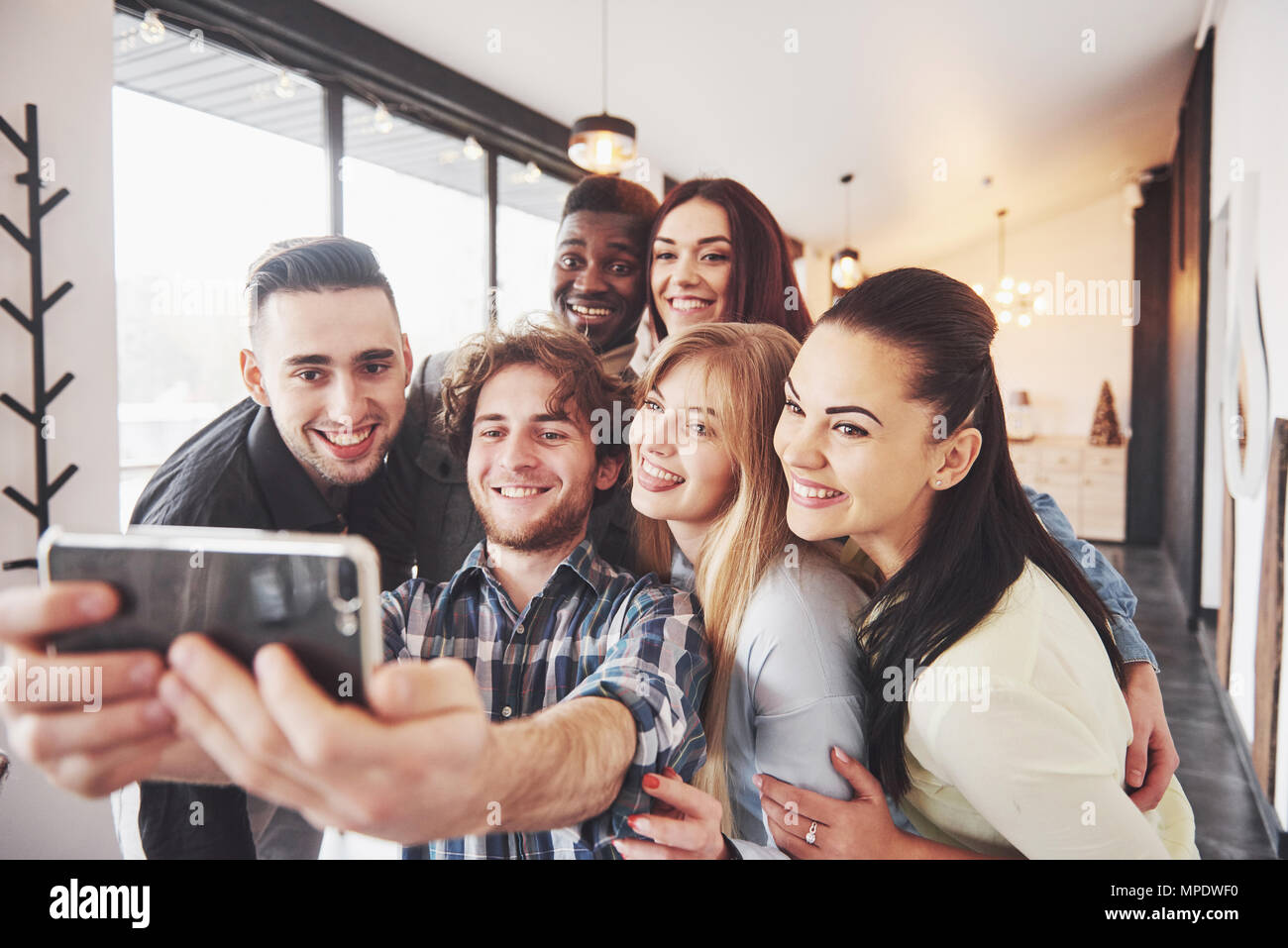 Group portrait of Cheerful old friends communicate with each other ...