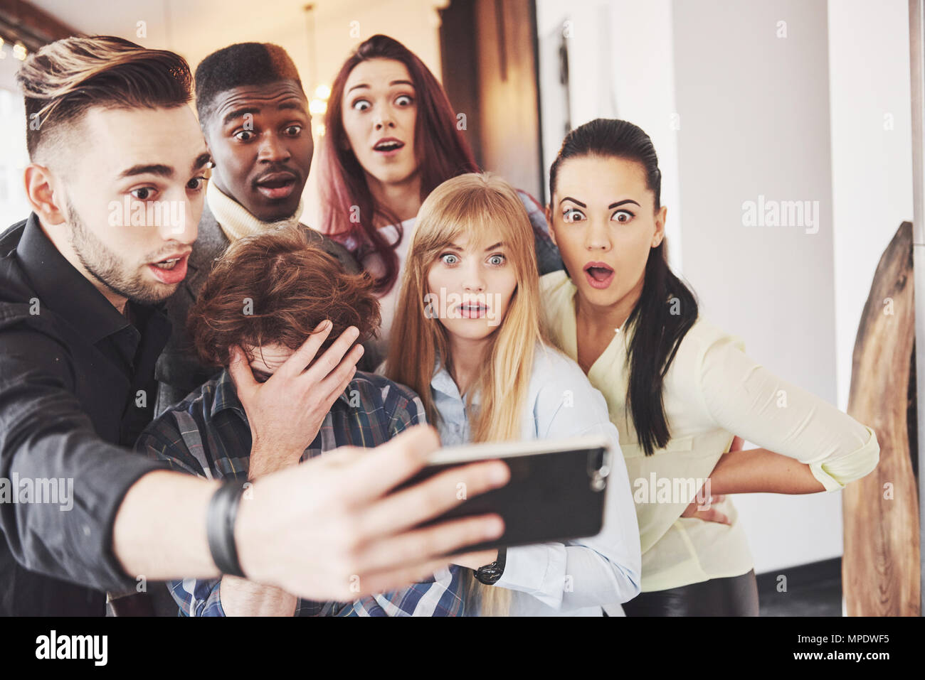 Group portrait of Cheerful old friends communicate with each other ...