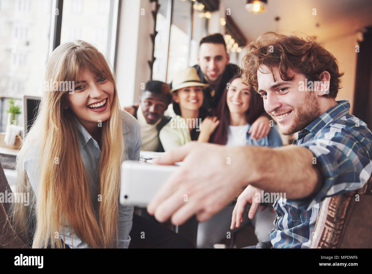 Group portrait of Cheerful old friends communicate with each other ...
