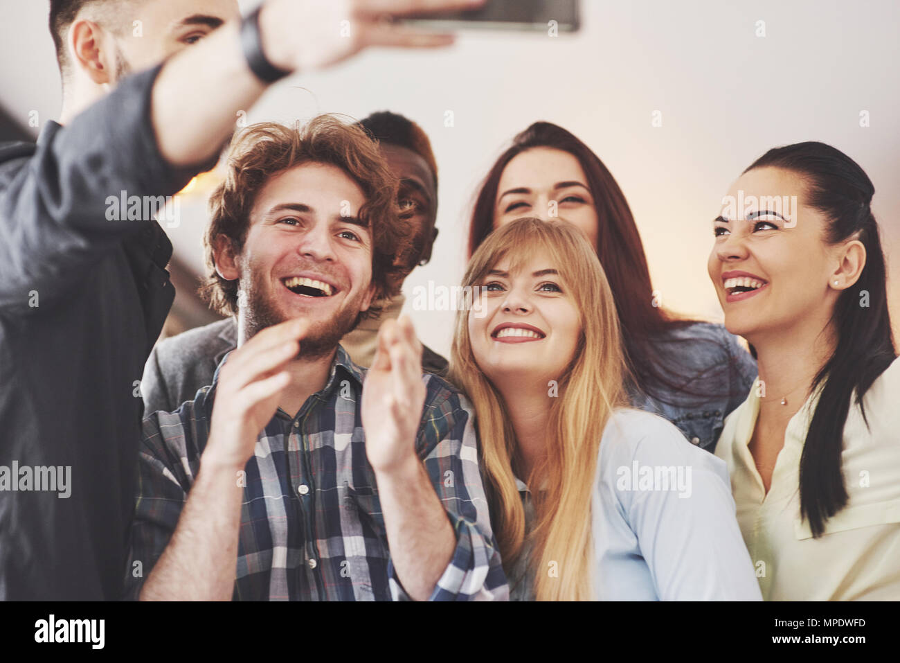 Group portrait of Cheerful old friends communicate with each other ...