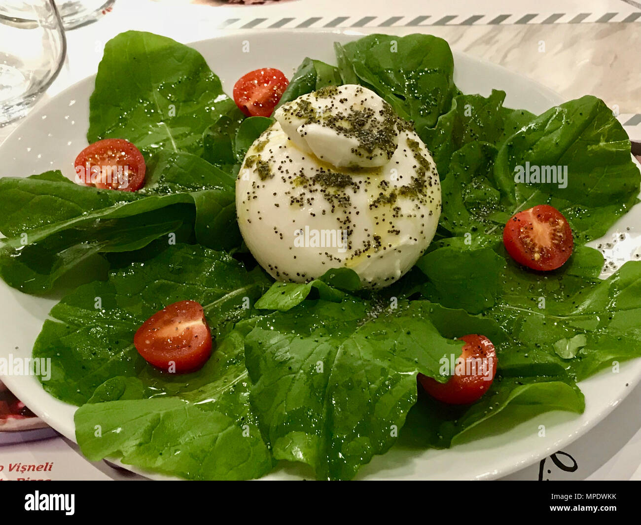 Burrata Cheese with Rocket Leaves and Cherry Tomatoes served at ...