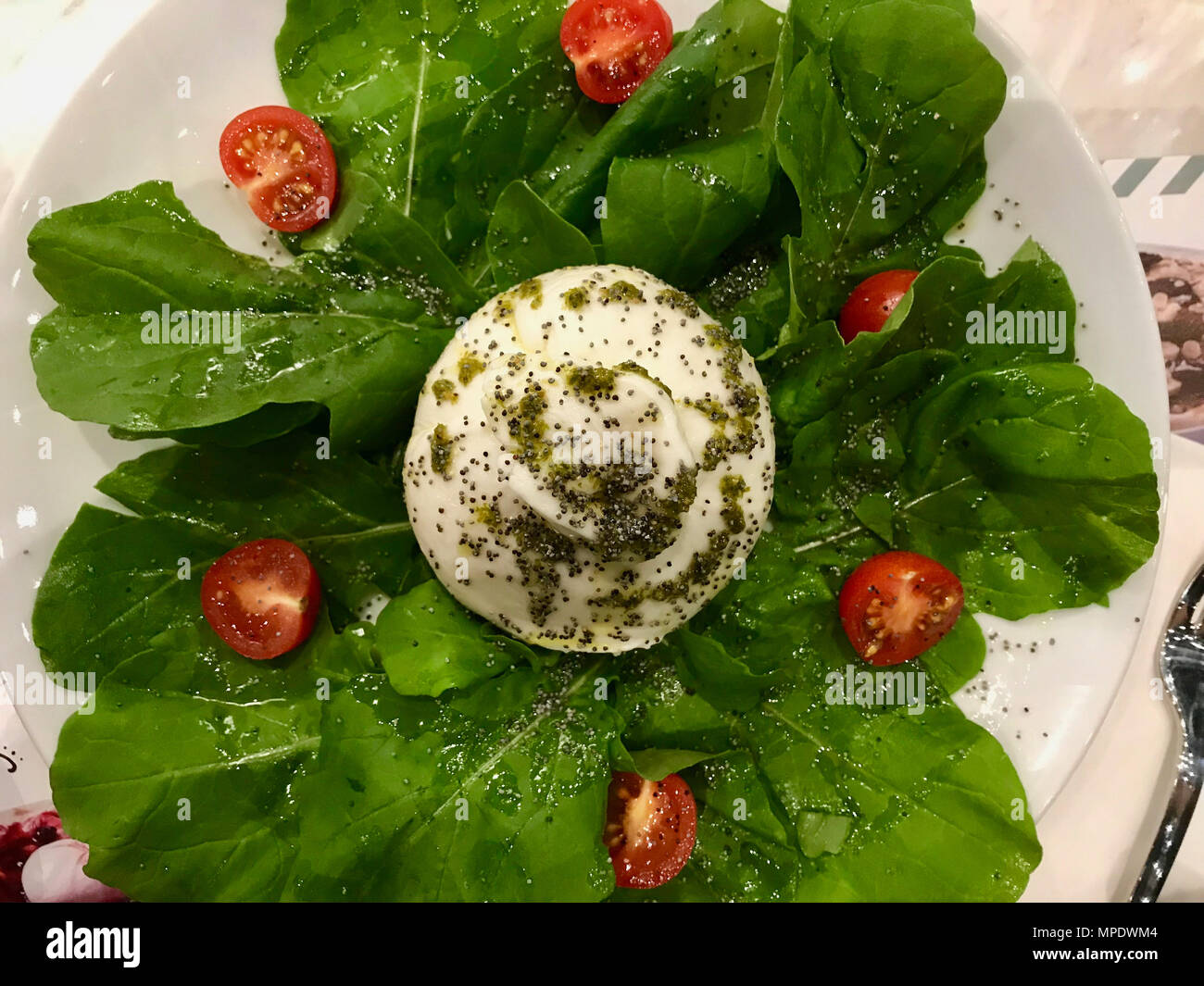 Burrata Cheese with Rocket Leaves and Cherry Tomatoes served at ...