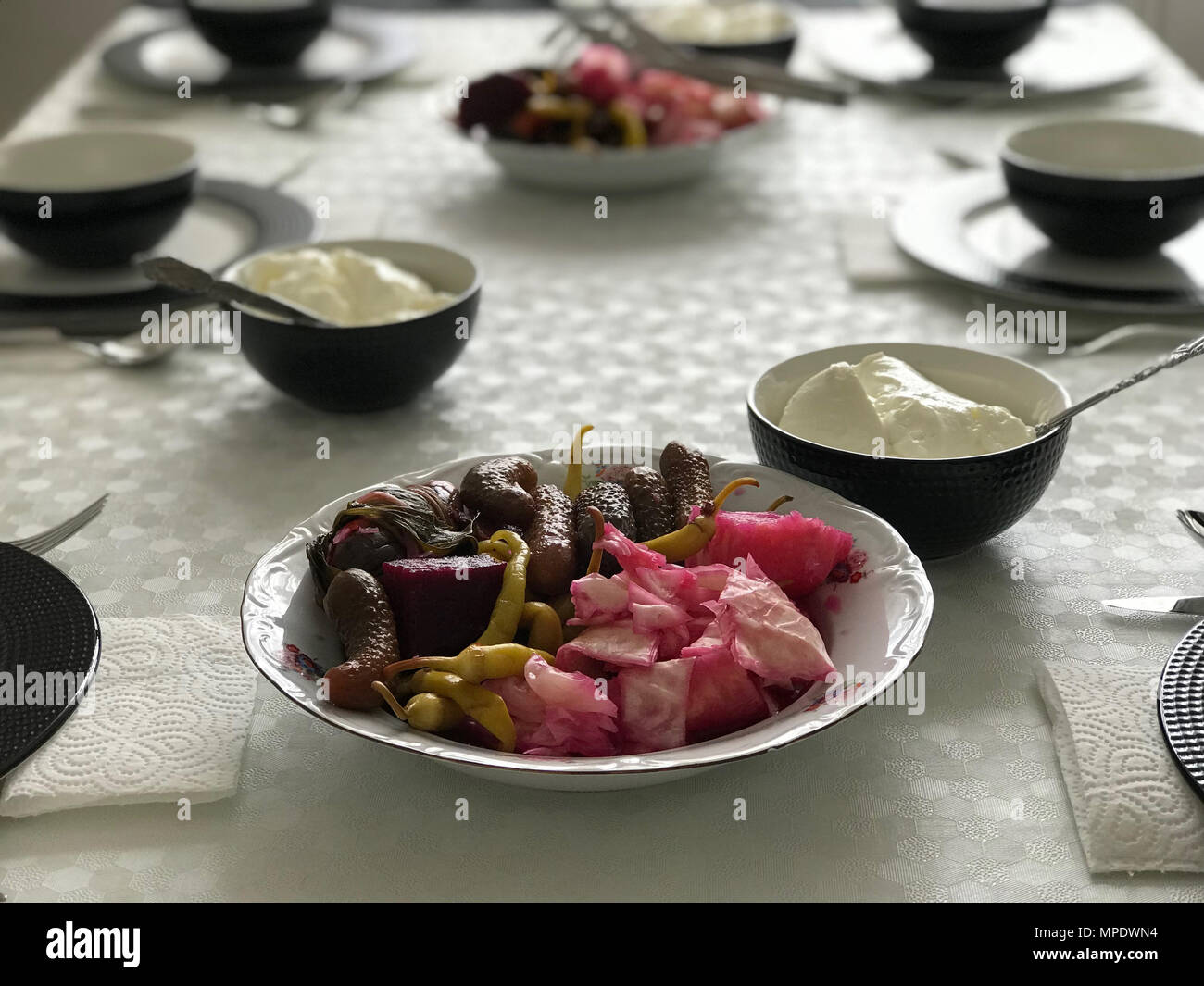 Turkish Pickle with Yogurt at Lunch Table. Homemade Pickled Food Stock ...