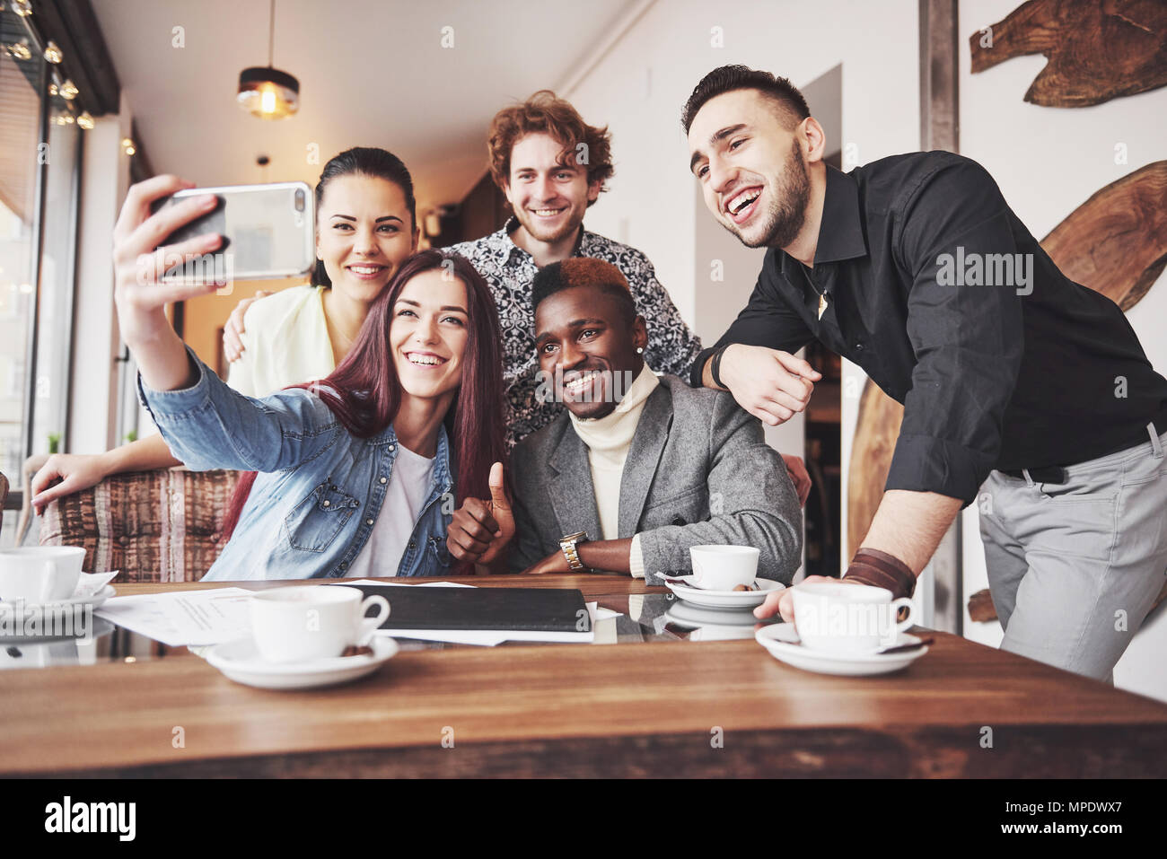 Selfie of young smiling teenagers having fun together. Best friends ...