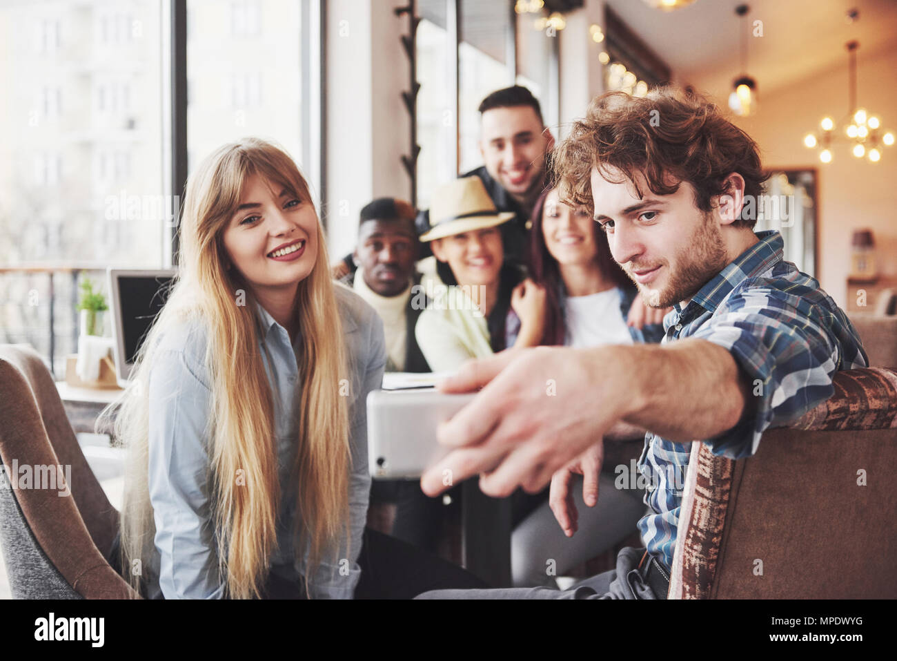 Selfie of young smiling teenagers having fun together. Best friends ...