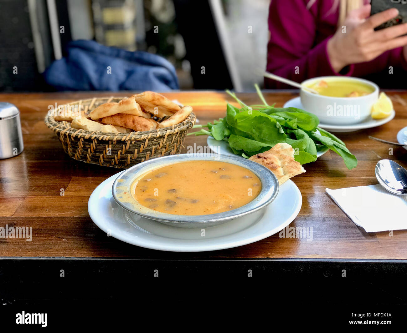 Turkish Meat Soup Kelle Paca with Rucola / Rocket Leaves and Pide Pita ...
