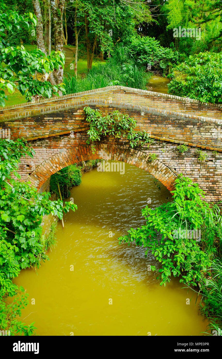 Outdoor view of brick bridge crossing over a smalll river located ...