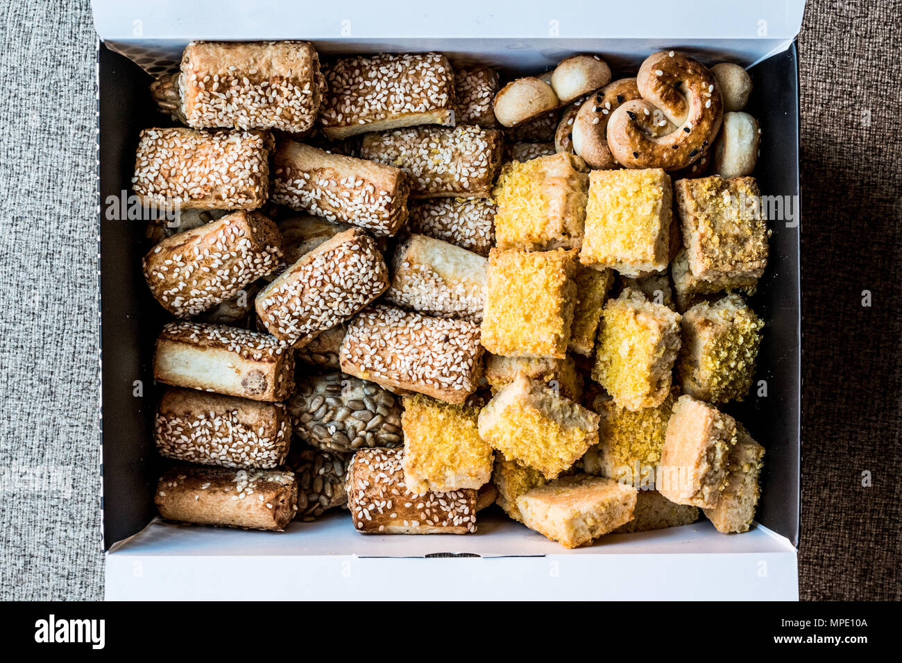 Turkish salty pastries with cornflour in box. Bakery concept Stock ...