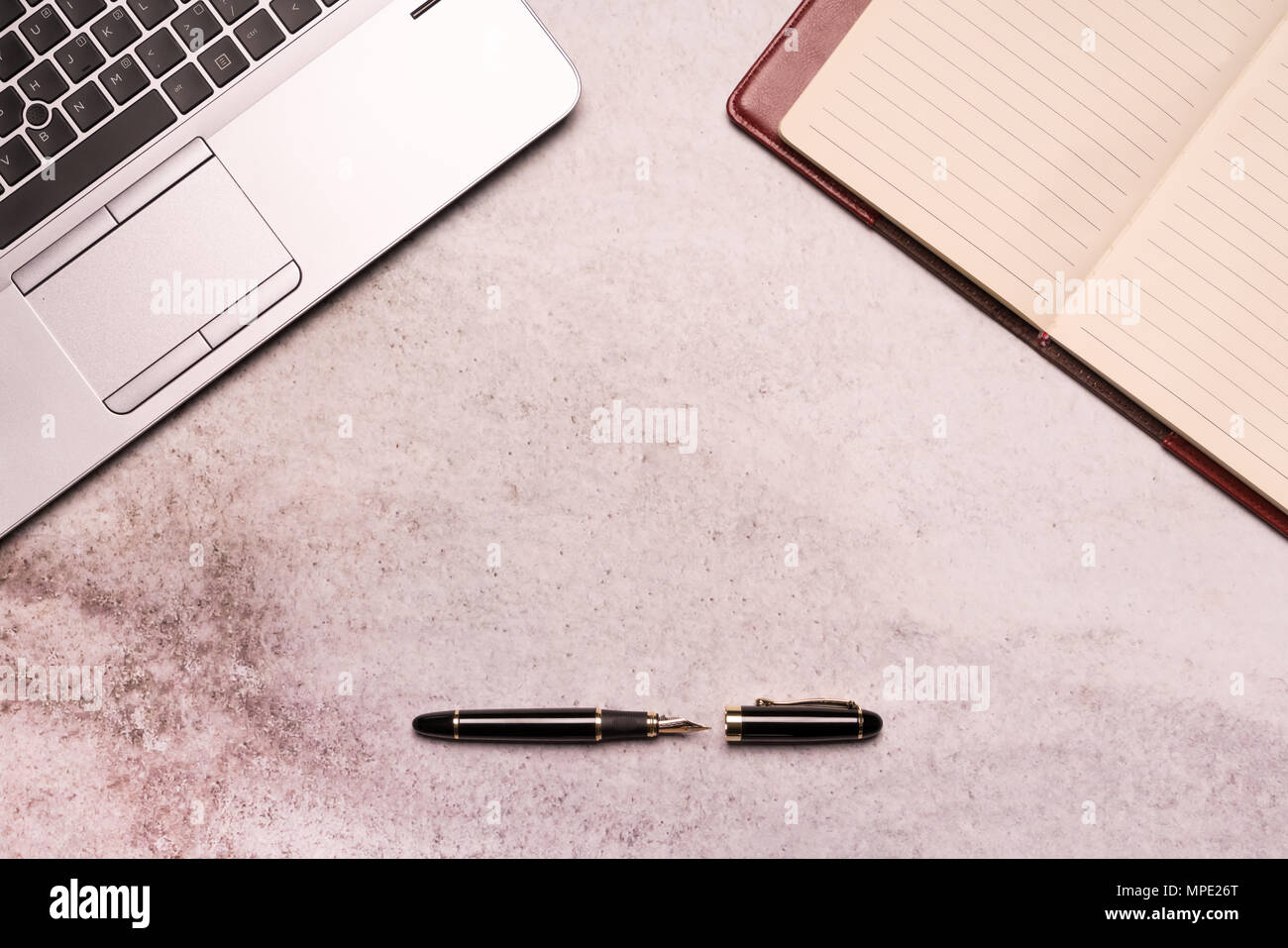 computer laptop and notebook on working table flat lay composition top ...