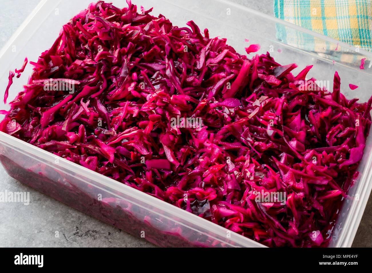 Shredded Red Cabbage Salad in Plastic bowl. / Pickle. Organic Food ...