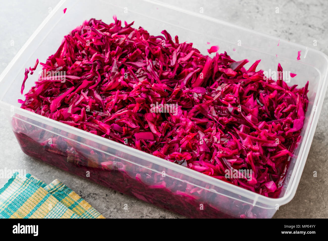 Shredded Red Cabbage Salad in Plastic bowl. / Pickle. Organic Food ...