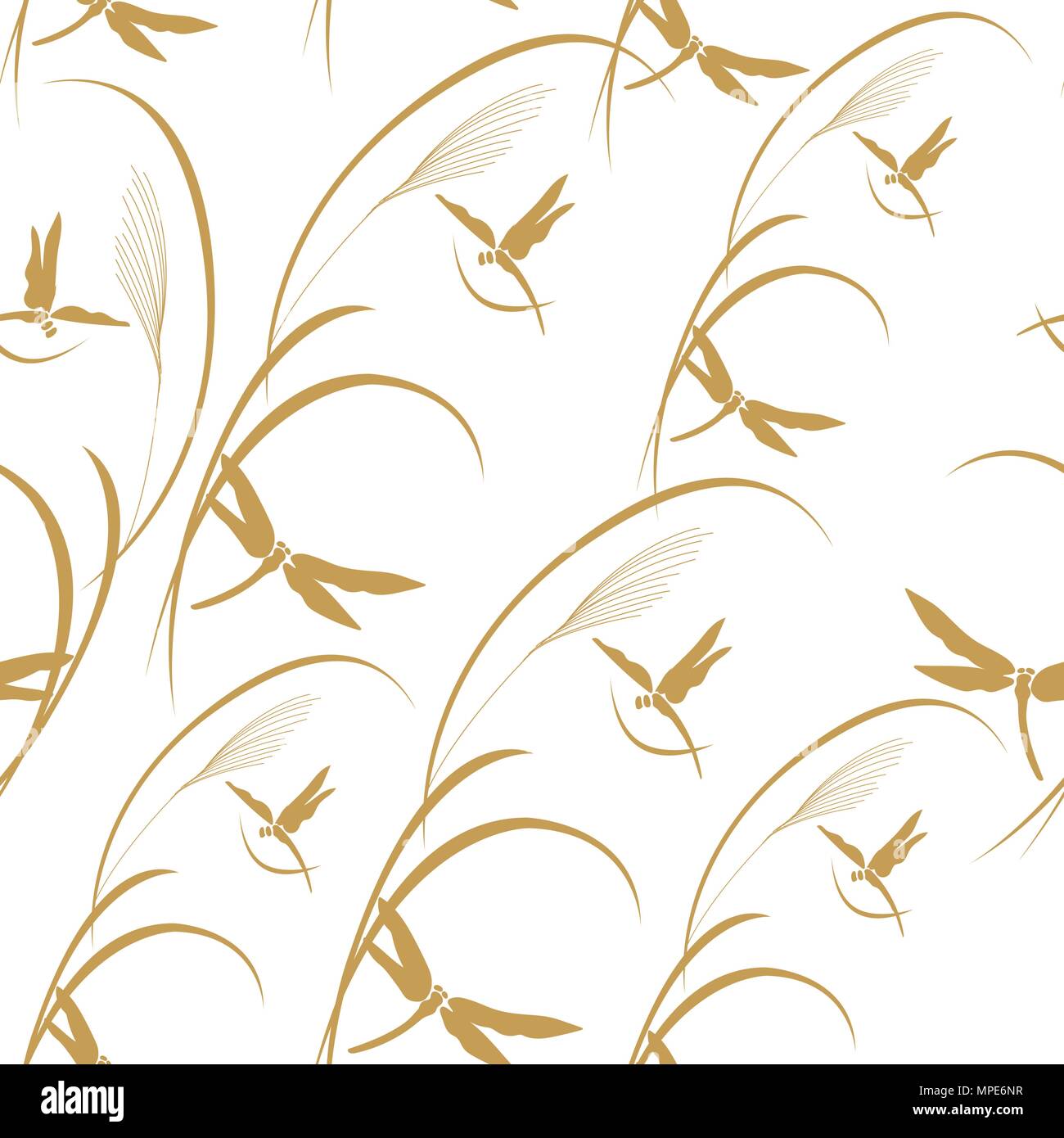 Japanese pattern vector. Gold geometric background. Grass and fly ...